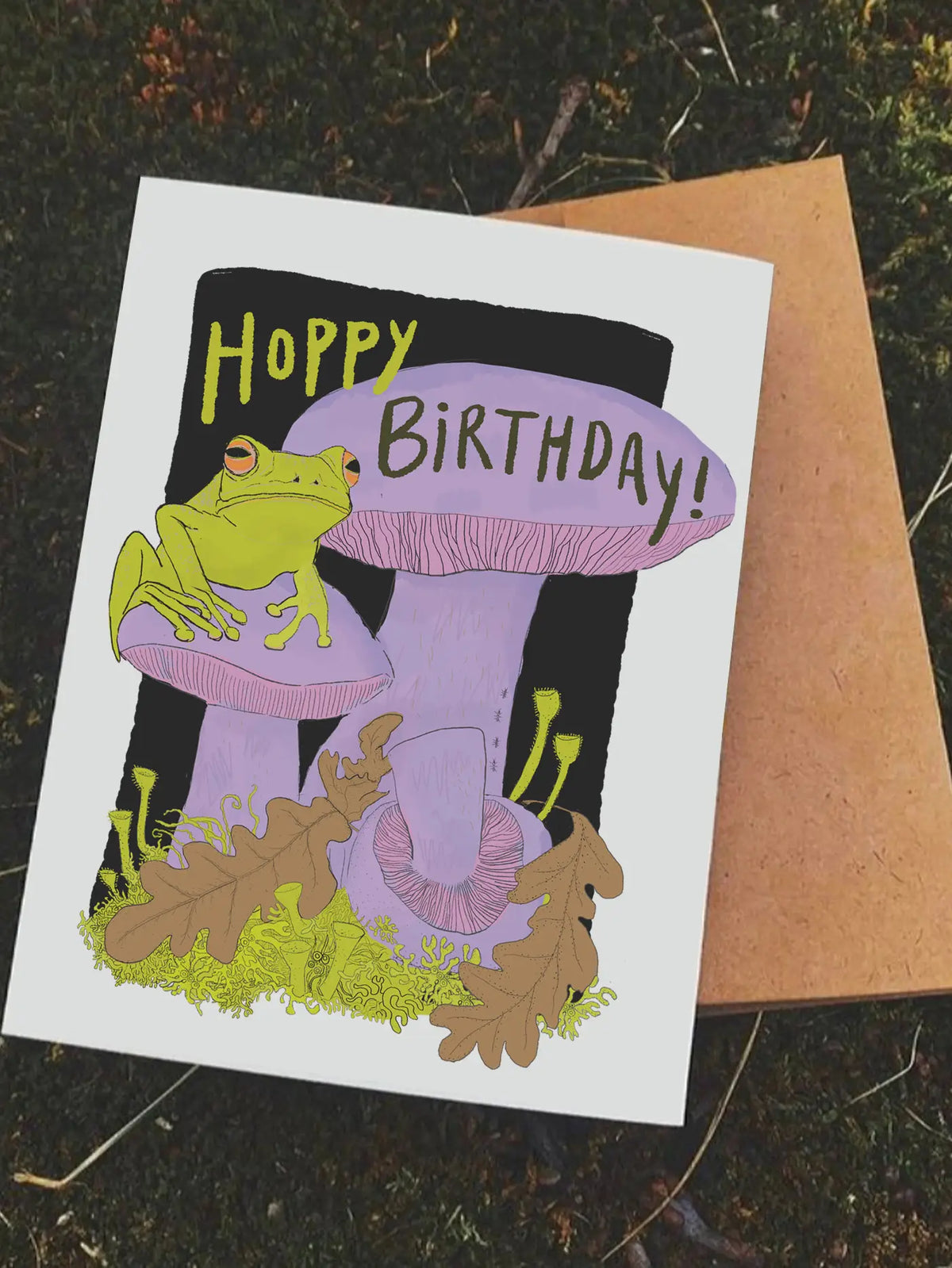 Hoppy Birthday Card with Purple Mushrooms and Frog and Lichens by Natu ...
